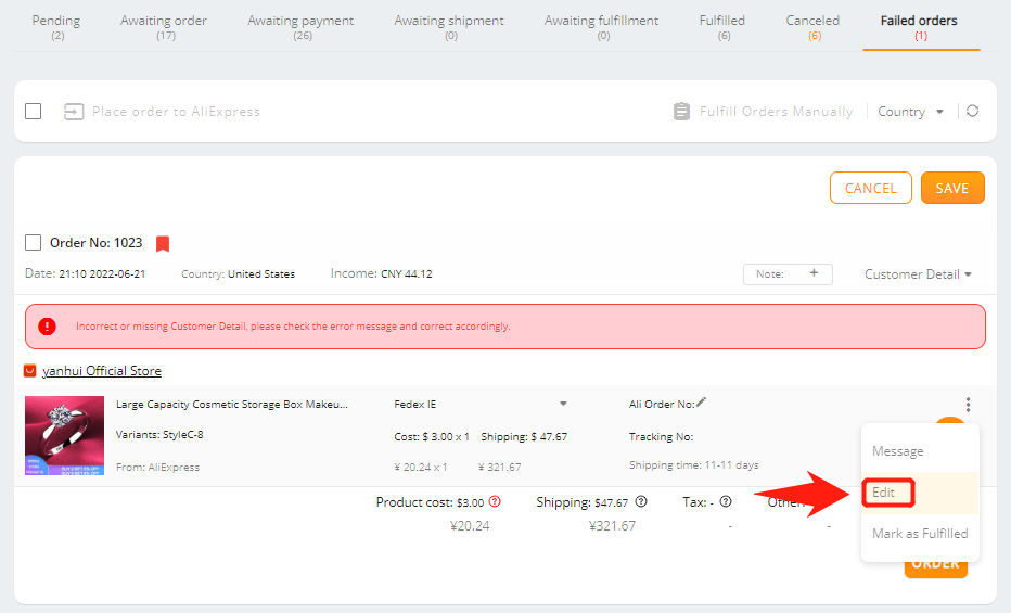 Order Status - Failed Orders